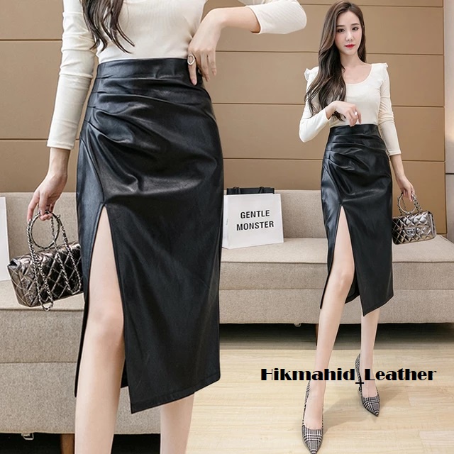 Jual Korean Style - Rok Midi Kulit PU Model Korea Highwaist Rok Model ...