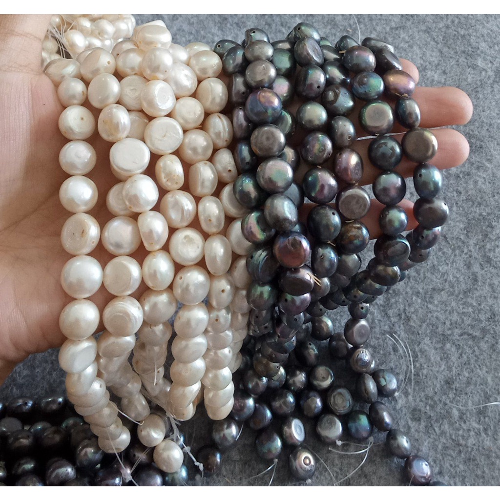 Jual FRESH WATER PEARLS BULAT PIPIH 10x6MM 4 LUBANG WARNA GREY AND ...