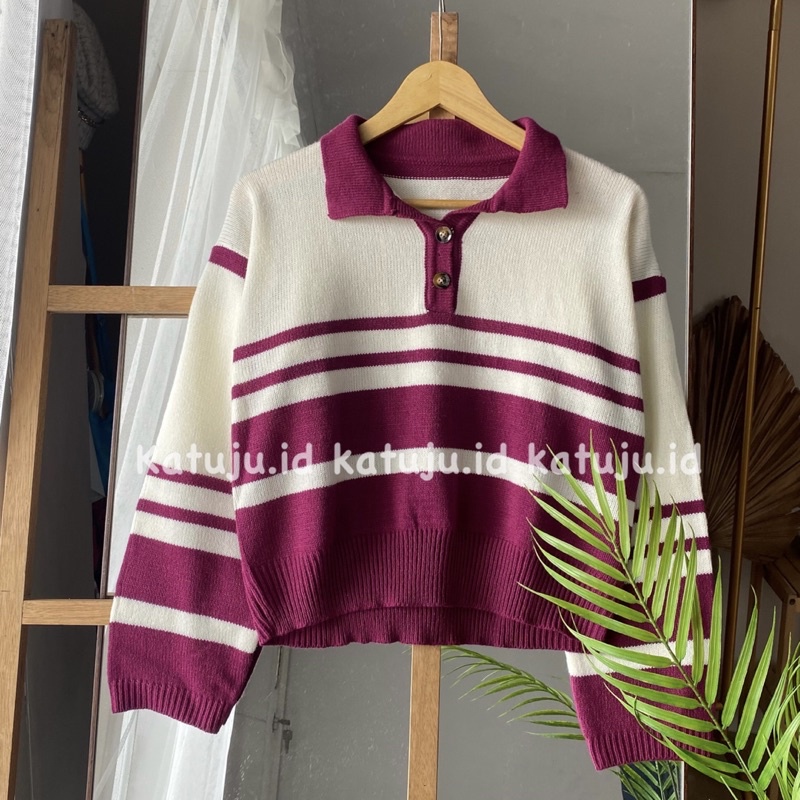 Jual ATASAN RAJUT POLO WILONA MOTIF GARIS KANCING BERKERAH | Shopee ...