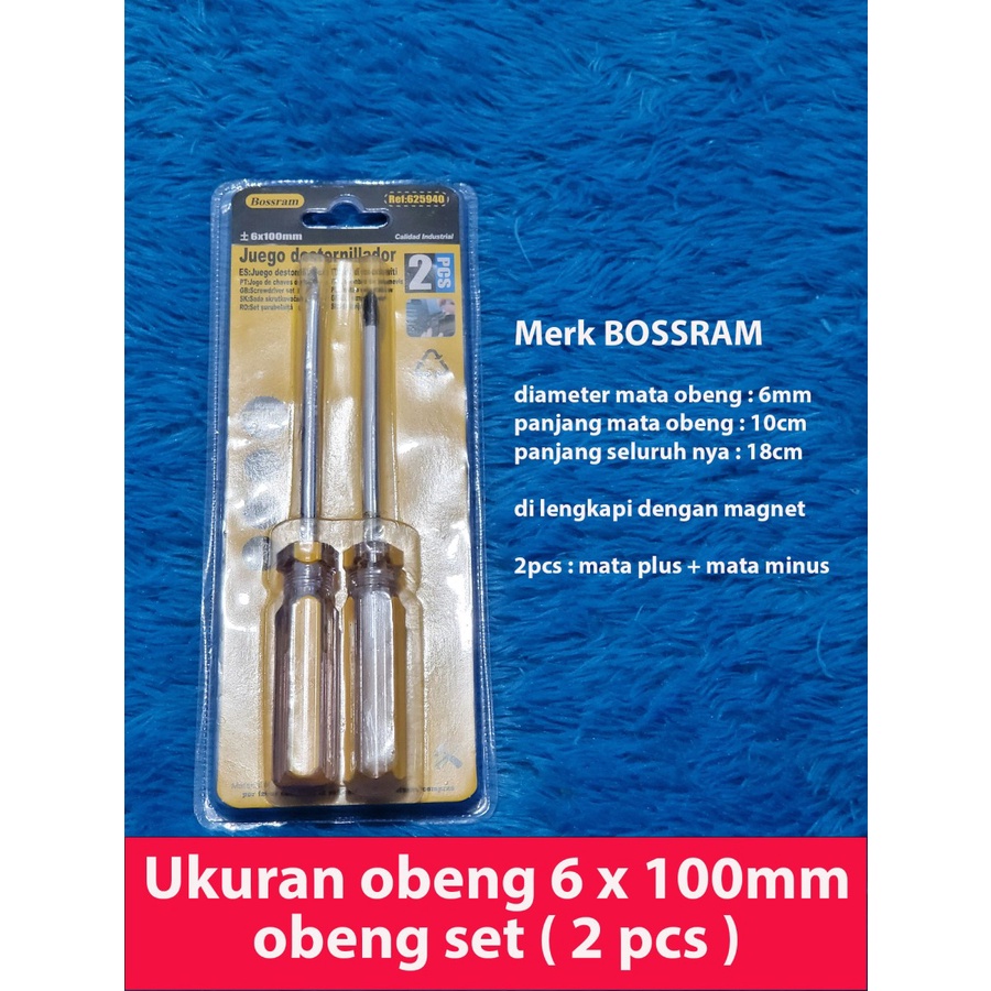 Jual obeng 2 pcs 6x100mm BOSSRAM mata magnet plus + minus screwdriver ...