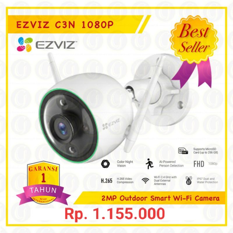 Jual IP Cam Wireless CCTV Ezviz C3N 2MP Outdoor Color Night with Smart ...
