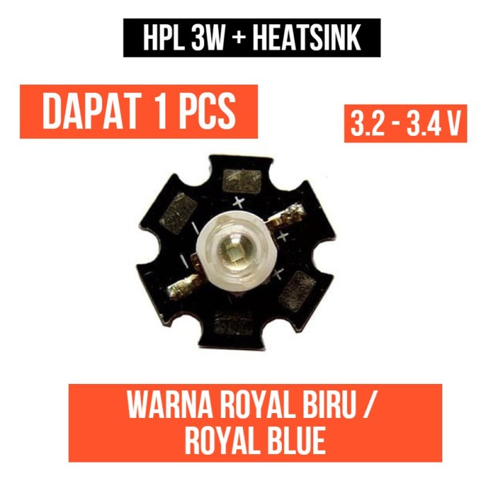 Jual Lampu HPL 3W Royal Blue Biru Heatsink High Power LED 3 Watt W Star ...