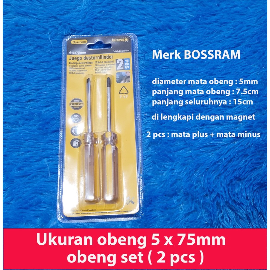 Jual obeng 2 pcs 5x75mm BOSSRAM mata magnet plus + minus screwdriver ...
