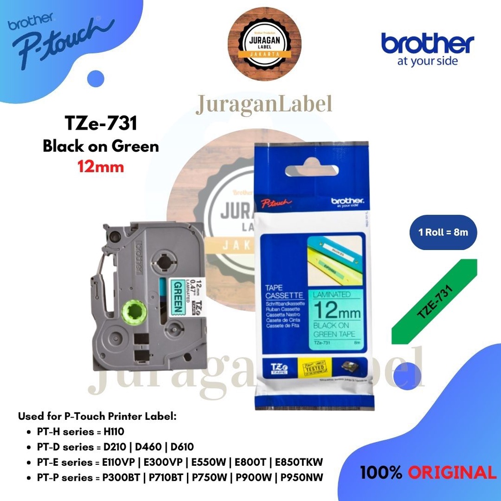 Jual BROTHER TZe-731 12mm PTouch Tape Label TZe731 Black on Green ...