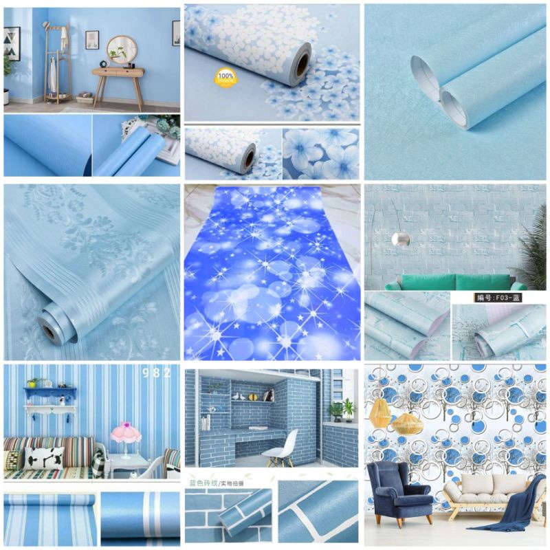 Jual Wallpaper Dinding Sticker Dinding Biru Motif Polos Salur Daun ...