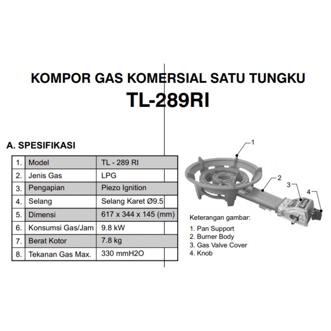 Jual Rinnai Kompor Gas 1 Tungku TL 289 RI Murah Low Pressure | Shopee ...