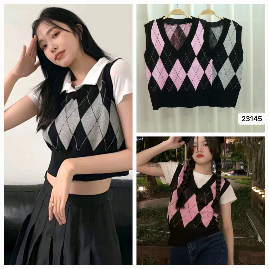 Jual Rompi Rajut Wanita Korea Style Retro Kotak V-Neck 23145 | Shopee ...