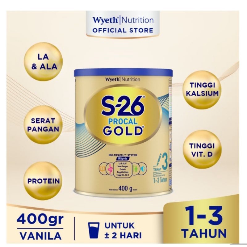 Jual S-26 PROCAL GOLD TAHAP 3 SUSU PERTUMBUHAN ANAK 1-3 Tahun VANILA 400 GR | Shopee Indonesia