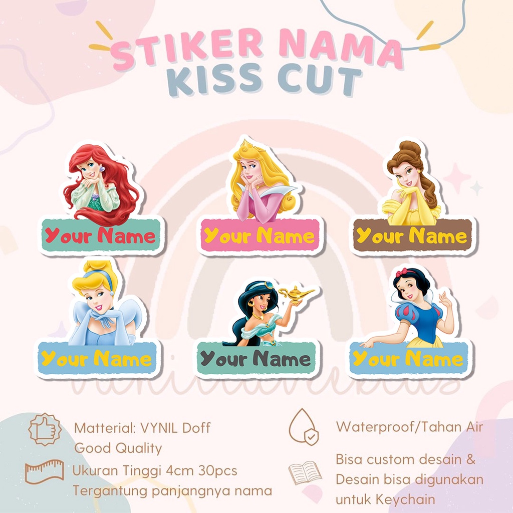 Jual Stiker Kiss Cut DISNEY PRINCESS Label Nama Waterproof Tahan Air ...