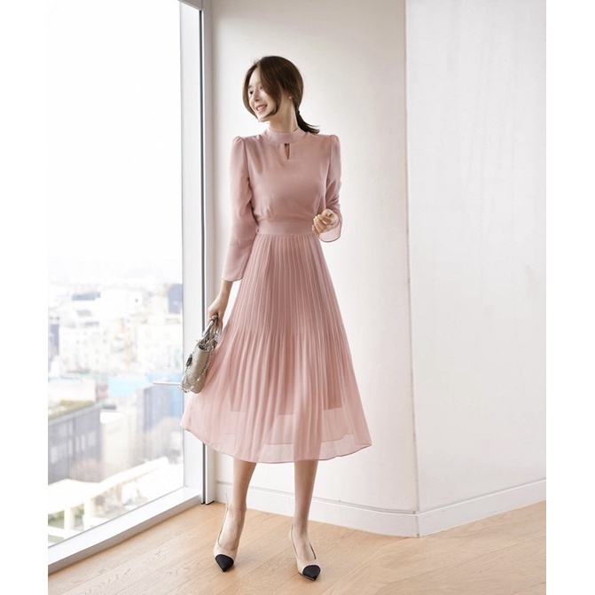 Jual Malama Dress Korean Simple Basic Polos Rapi Sopan Midi Dinner ...