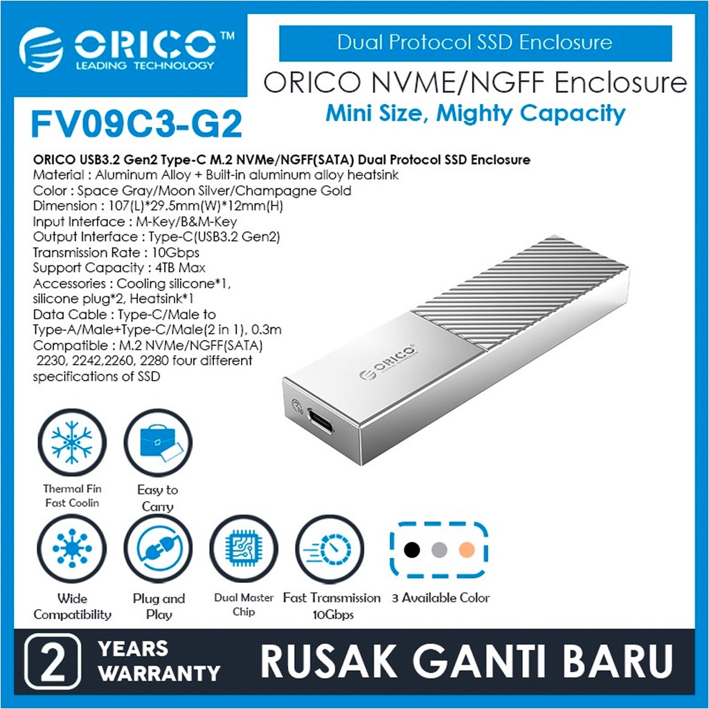 Jual ORICO M.2 NVME NGFF Enclosure Type C USB 3.2 10Gbps - FV09C3-G2 ...