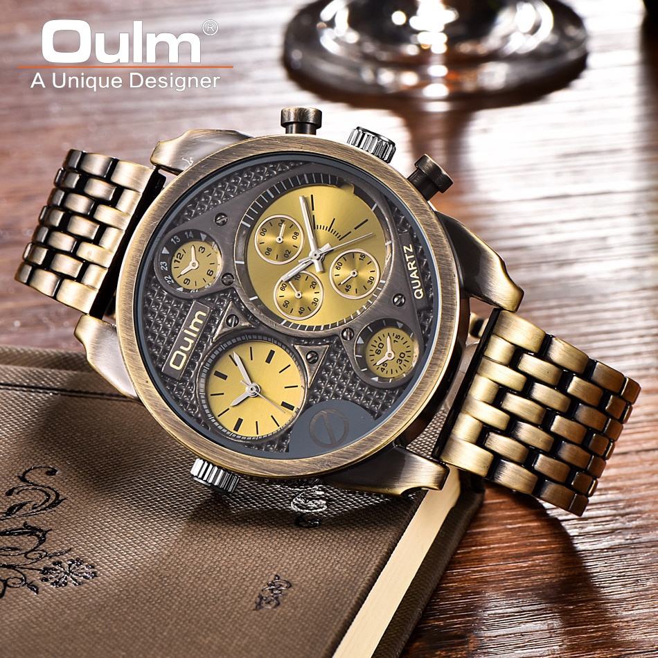 Jual PREORDER Oulm Men Watch Bronze Retro Quartz Wristwatch Fashion Big ...
