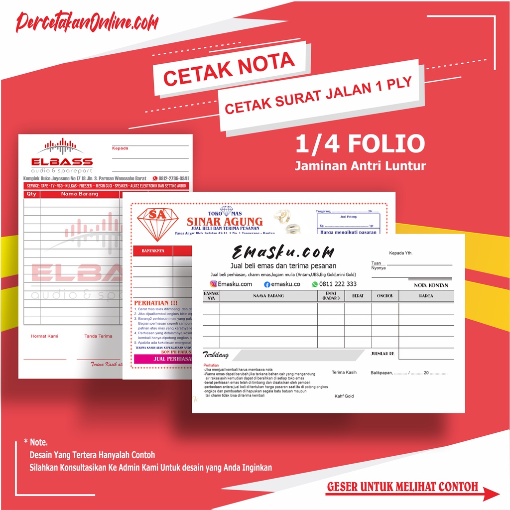 Jual cetak nota surat jalan kwitansi 1/4 folio 1 ply desain bebas ...