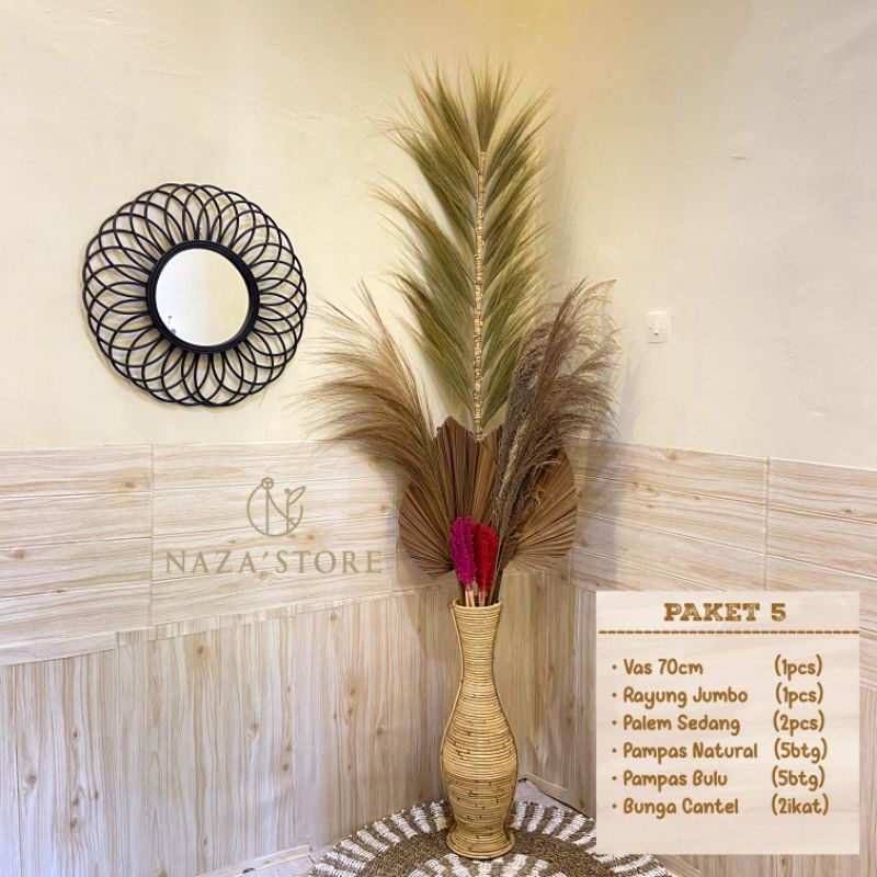 Jual DEKORASI RUSTIC Daun Kering Pampas Rayung Jumbo Dengan Vas Rotan ...