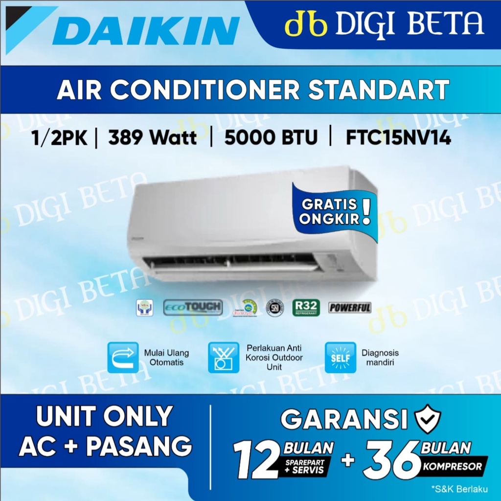 Jual AC Daikin 1/2 PK Standart FTC15NV14 Air Conditioner Split 389 Watt Pendingin Ruangan R32 ...