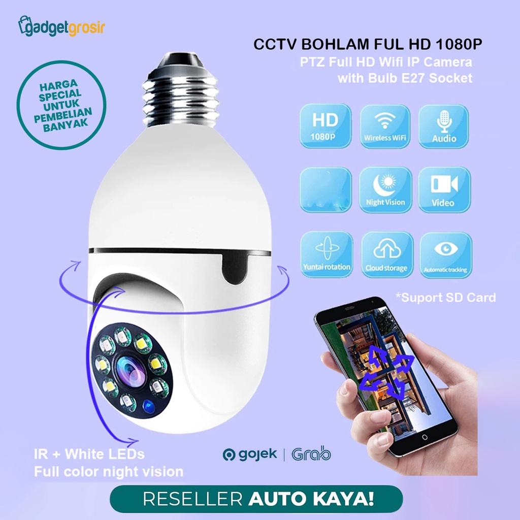 Jual CCTV Bohlam WiFi Wireless IP Camera Full HD 1080 E27 PTZ Panoramic ...