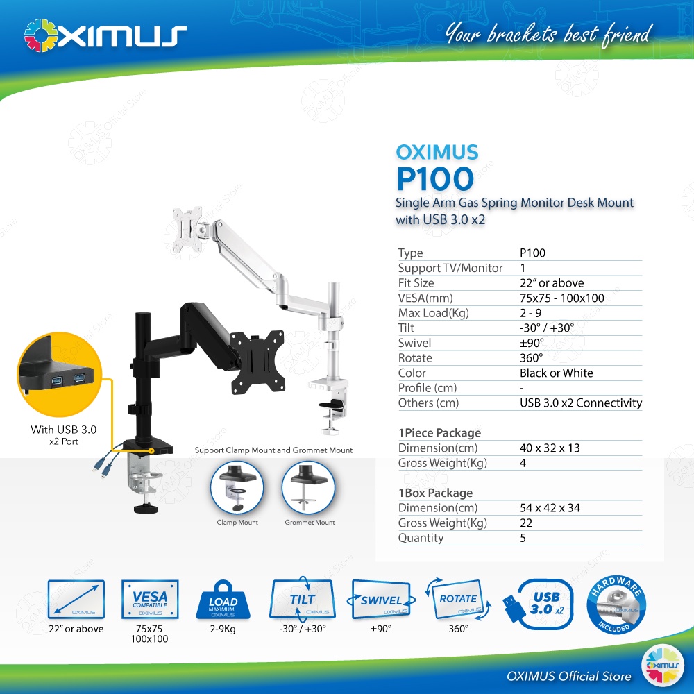 Jual BRACKET MONITOR GAS SPRING OXIMUS P100 TILT SWIVEL ROTATE USB 3.0 ...