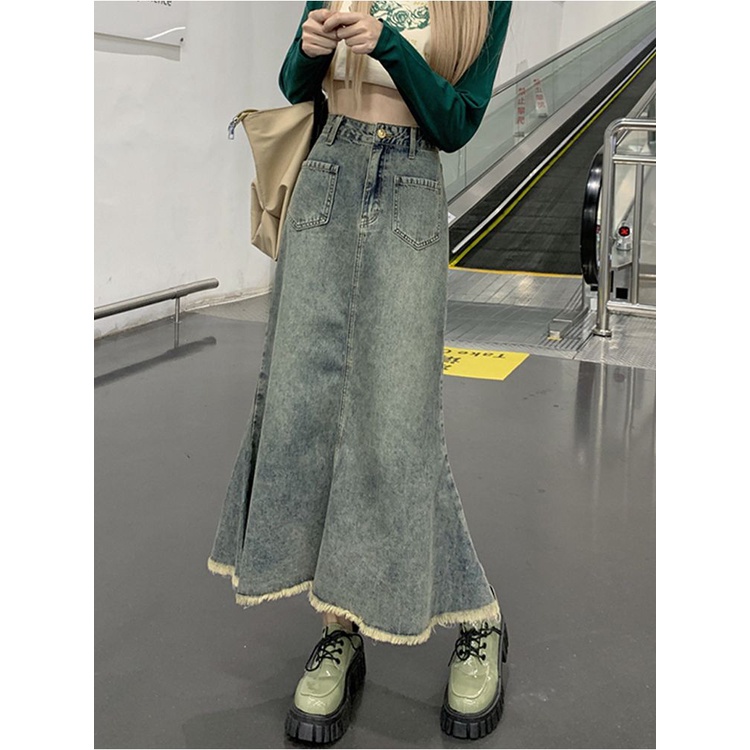 Jual COD Rok denim split gaya Korea rok a-line wanita berpinggang ...