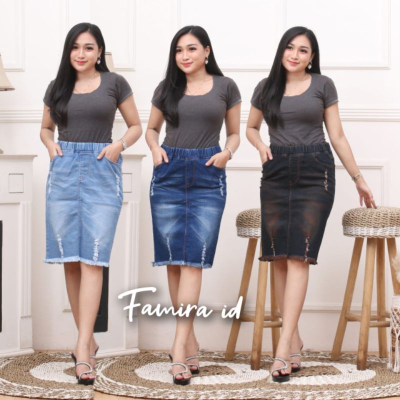 Jual rok jeans 7/8 jumbo pinggang karet - rok wanita model ripped ...
