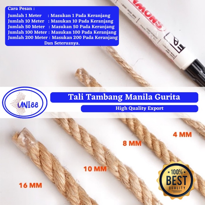 Jual Tali Tambang Manila 4mm 6mm 8mm Kecil Per meter Tali Goni Coklat ...