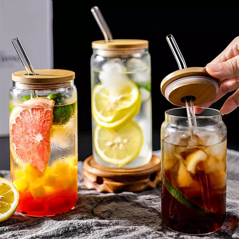 Jual gelas kaca kaleng cola tutup bambu / can glass cup with bamboo lid ...