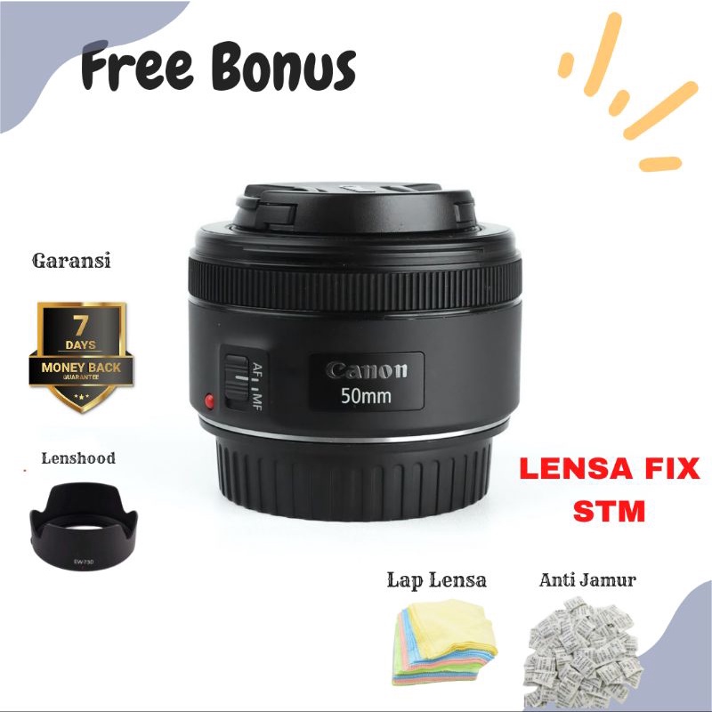 Jual lensa Fix 50mm Stm F1.8 + Lenshood + Antijamur + Lap + Garansi ...
