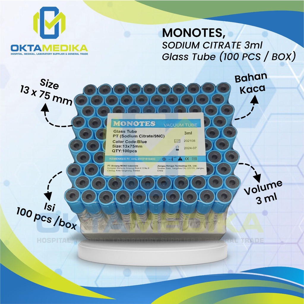 Jual MONOTES VACUM TUBE SODIUM CITRATE 3 ML GLASS (100'S/BOX) | Shopee ...