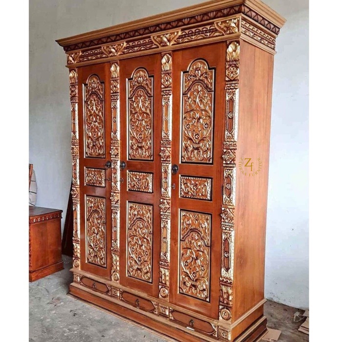 Jual lemari pakaian 3 pintu full ukir klasik kayu jati lemari baju | Shopee Indonesia