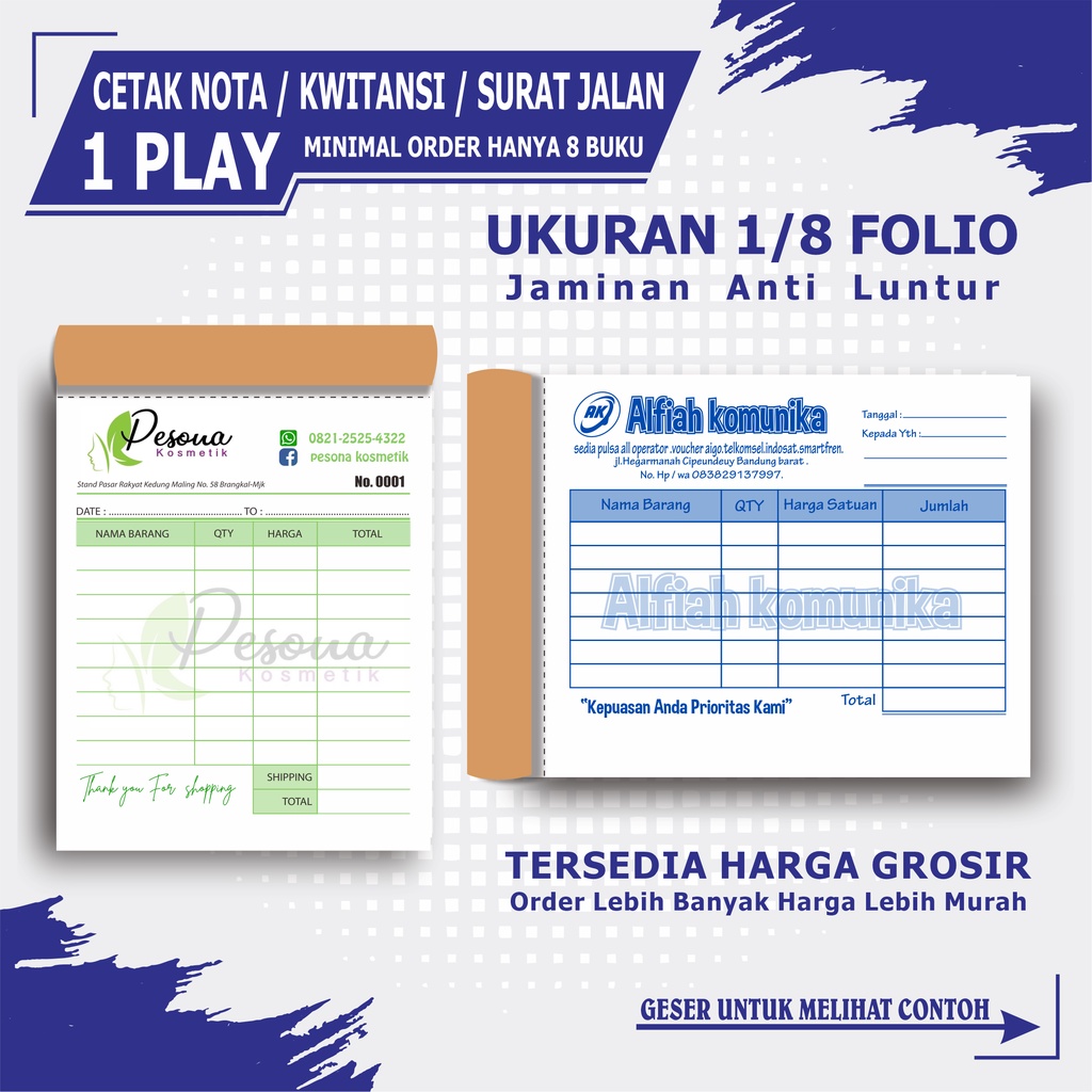 Jual Nota custom kwitansi 1 ply 1/8 folio buku nota penjualan surat ...