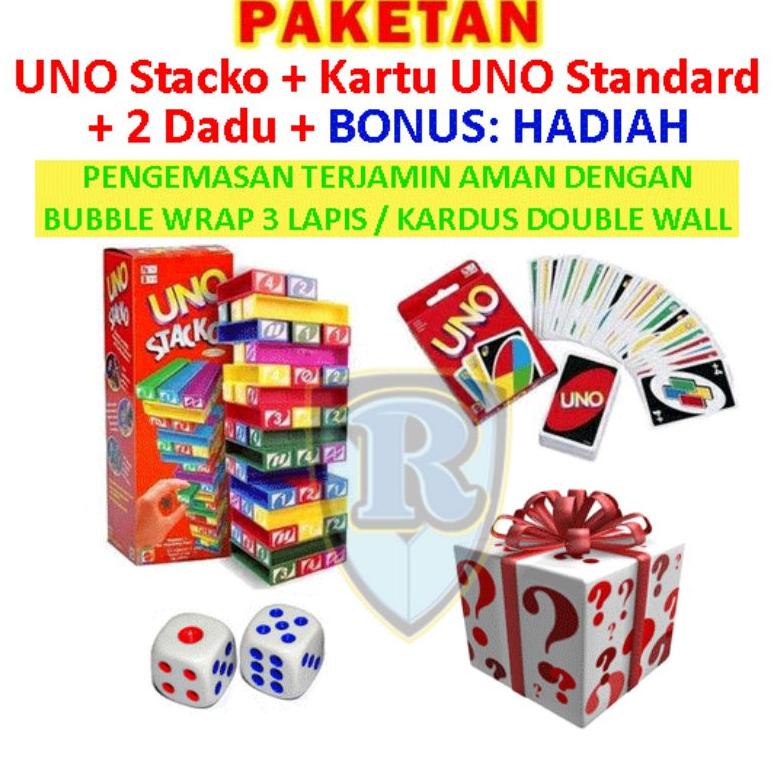 Jual Paket Uno Stacko + Kartu Uno Card + 2 Dice / Dadu + Bonus Hadiah ...