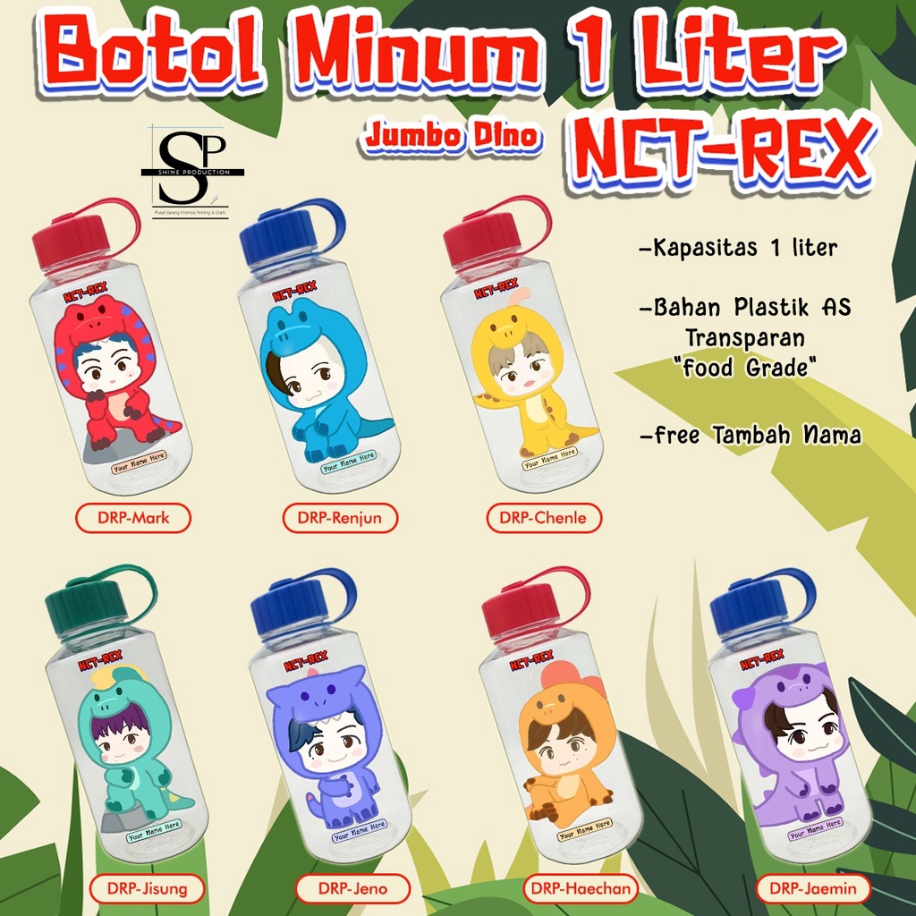 Jual Botol Minum 1 Liter Jumbo Dino NCT REX BPA FREE Custom Nama ...