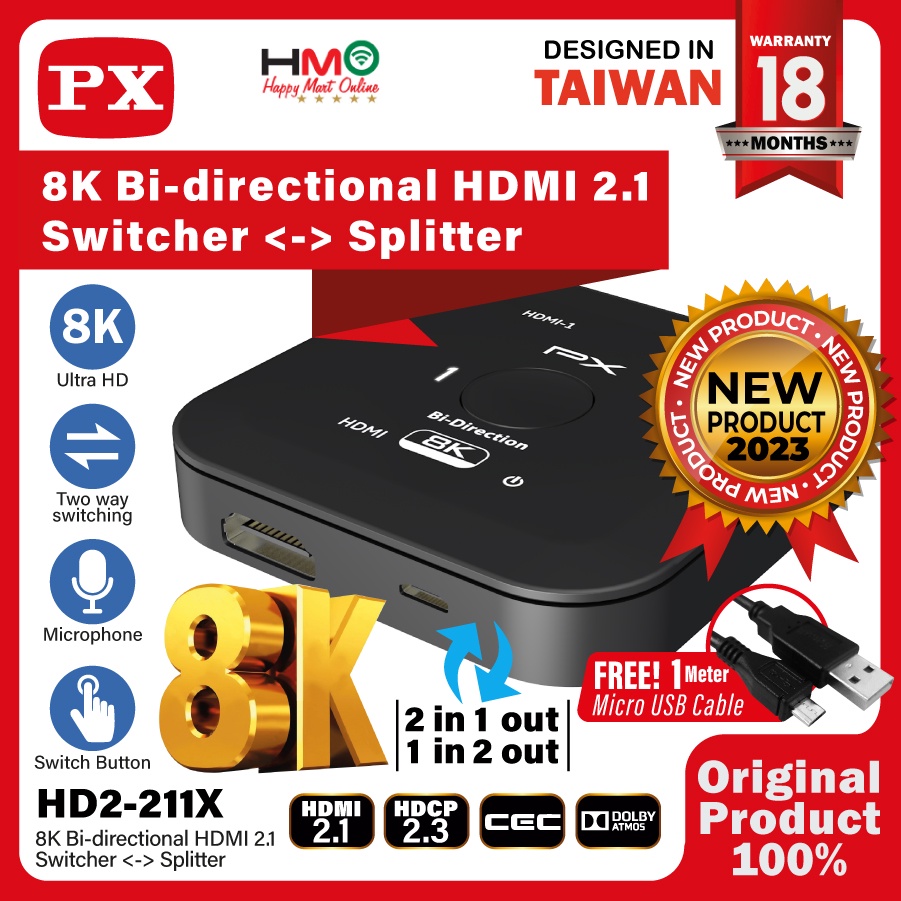 Jual HDMI Switcher Splitter Bi Directional 2 in 1 out 8K PX HD2-211X ...