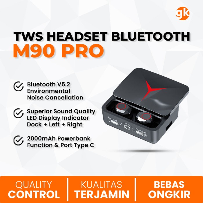 Jual Headset Bluetooth V5.2 TWS M90 Pro Wireless Earphone ENC PB 1200mAh | Shopee Indonesia