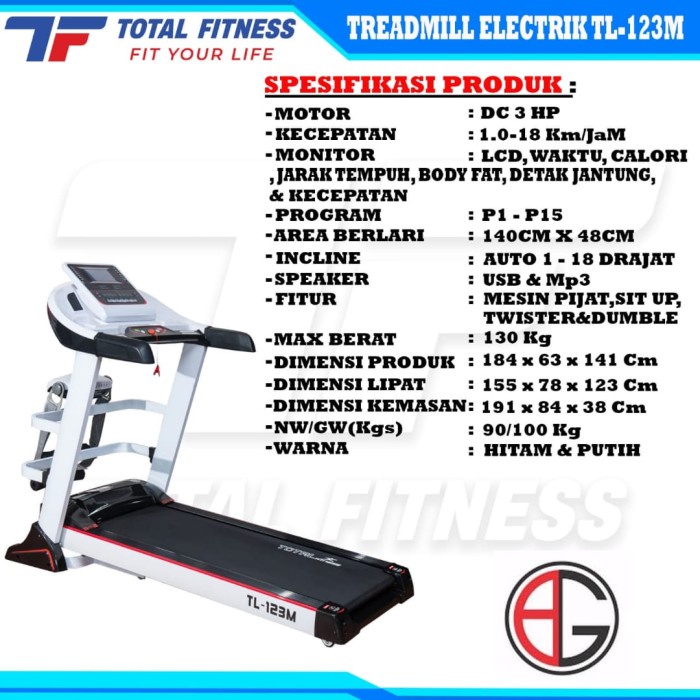 Jual Alat Fitness Treadmill Elektrik TL 123M Total Fitness | Shopee ...