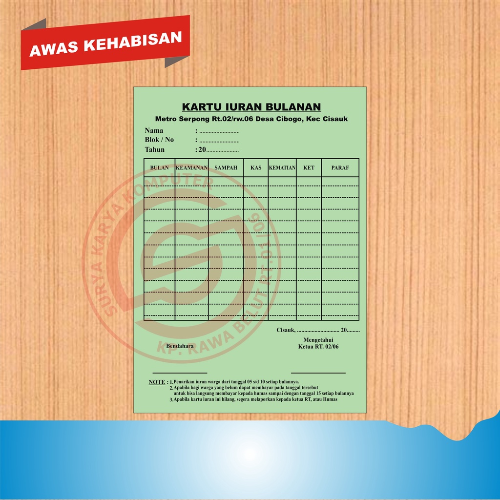 Jual Cetak KARTU IURAN RT, Kartu SPP, Absesnsi, Kartu Iuran custom - iuran ngaji | Shopee Indonesia