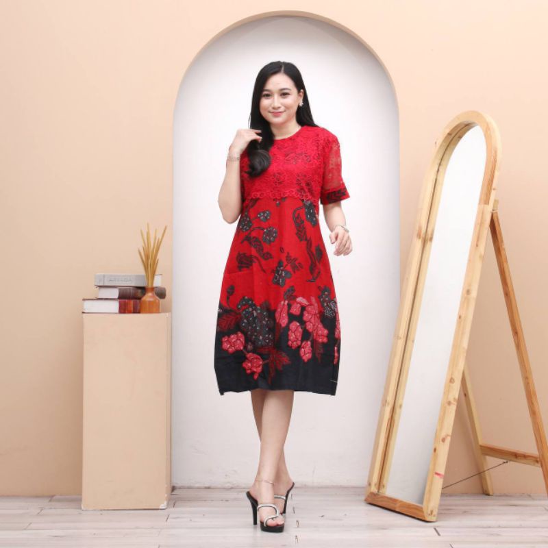 Jual MINI MIDI DRESS BATIK SELUTUT LENGAN PENDEK BRUKAT BROKAT MIX ...