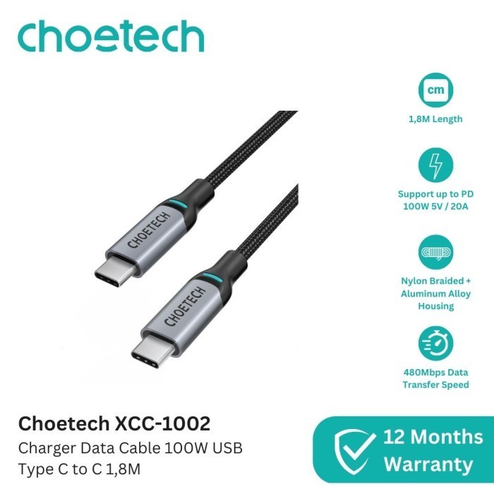 Jual Choetech Xcc 1002 Kabel Charger 100w 5a Pd Usb Type C To C 1 8m