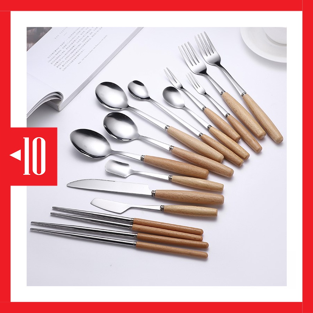 Jual SGK sendok garpu kayu tableware spoon fork estetis stainless ...