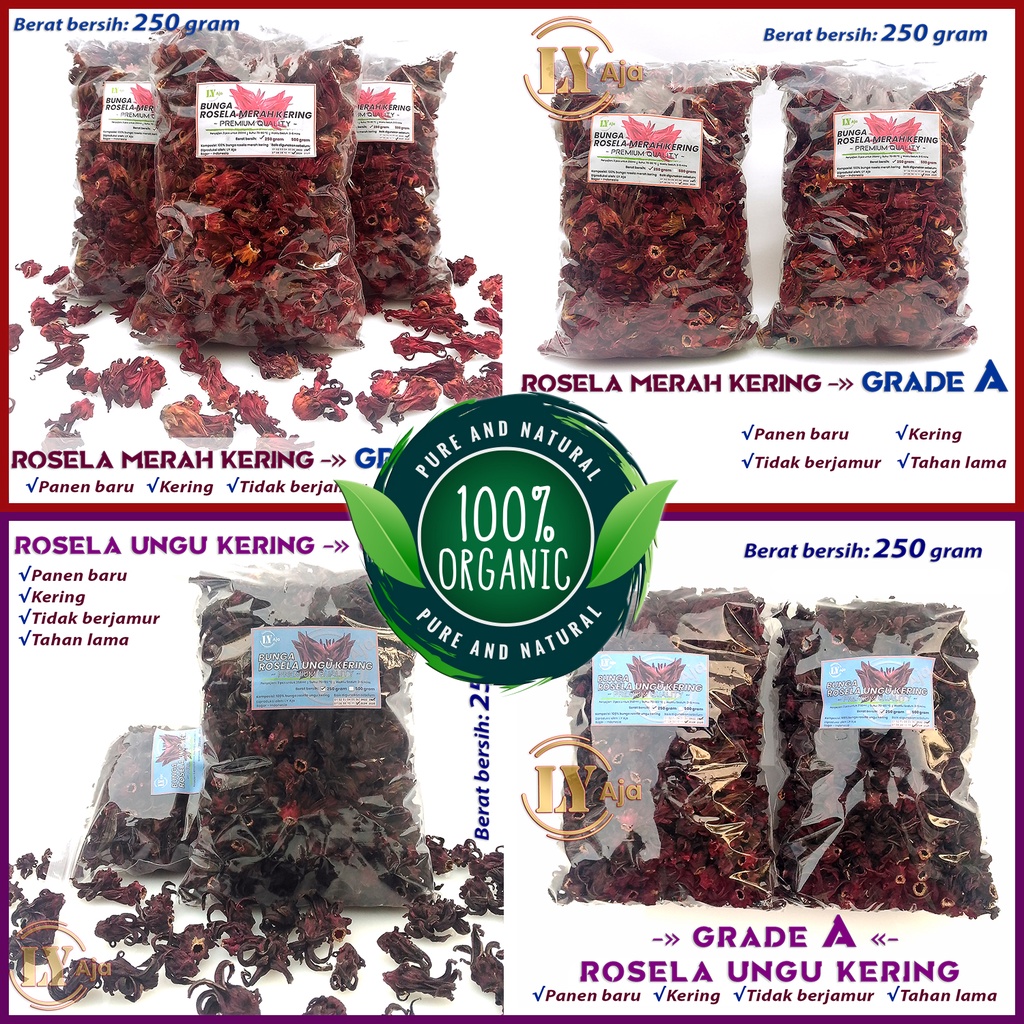Jual Teh Bunga Rosela Merah dan Ungu Kering 250 Gram Rosella Roselle Grade A Premium LY Aja 250 ...