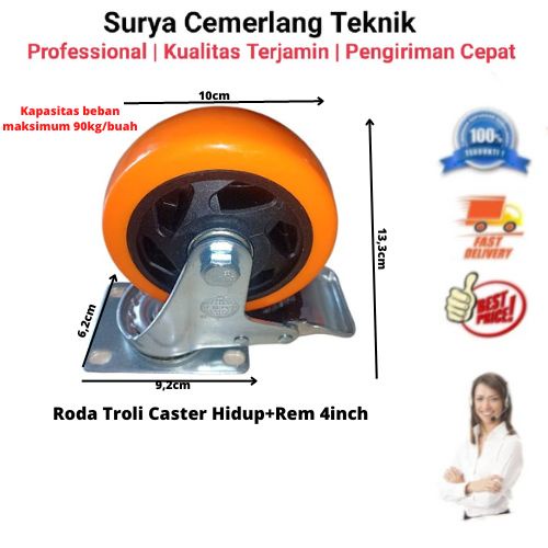 Jual Roda Troly Troli PU 4 inch hidup rem Double Bearing caster castor ...