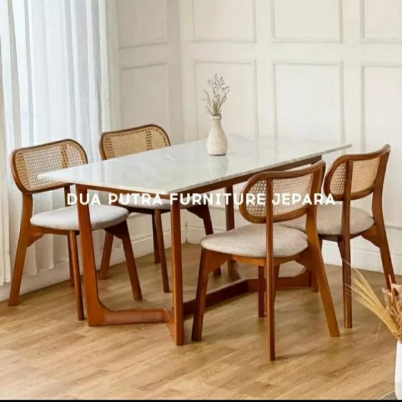 Jual meja makan marmer minimalis kayu jati 4 kursi jok senderan rotan | Shopee Indonesia
