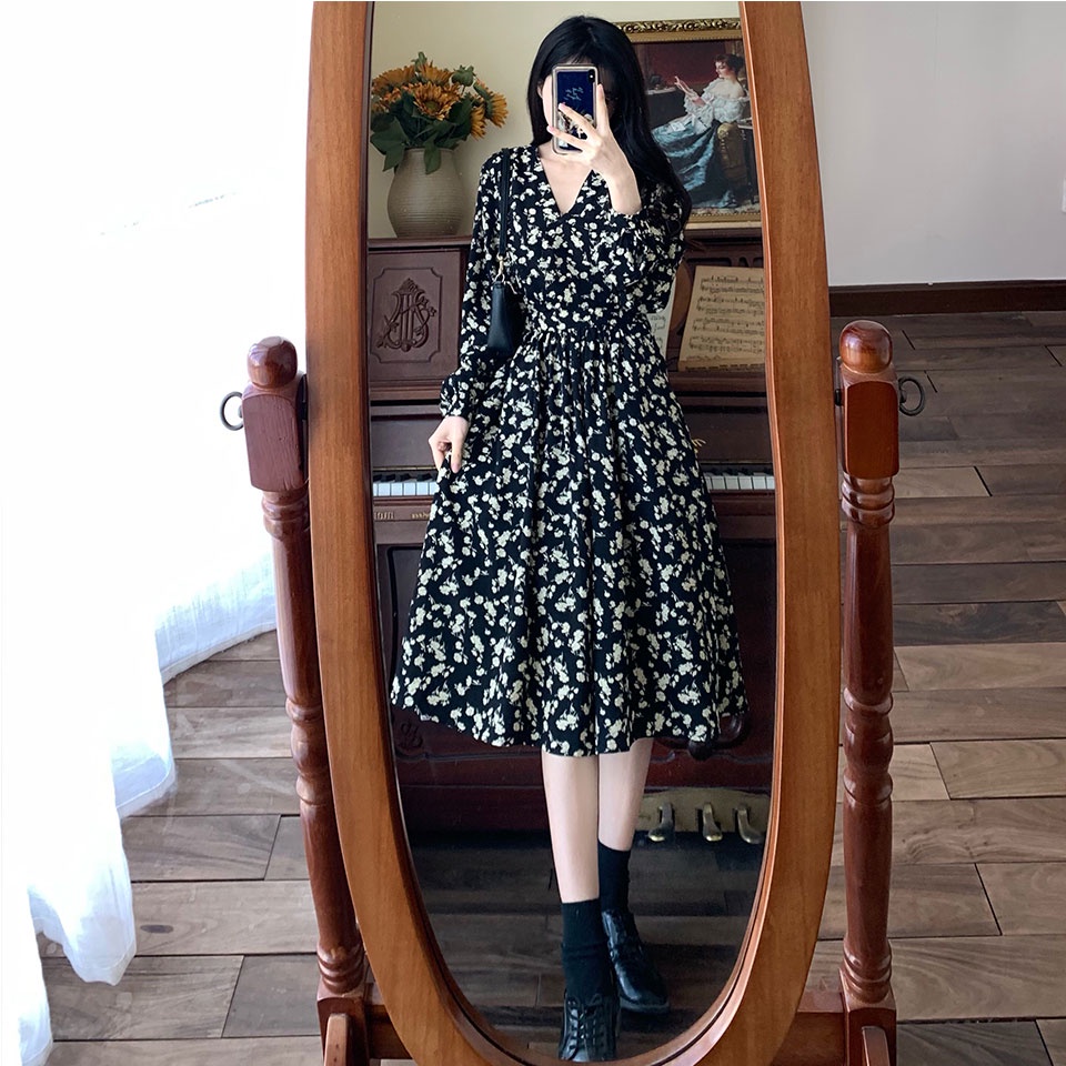 Jual Musim Semi Vintage V-Leher Bunga Gaun Kasual Lengan Panjang Dress ...