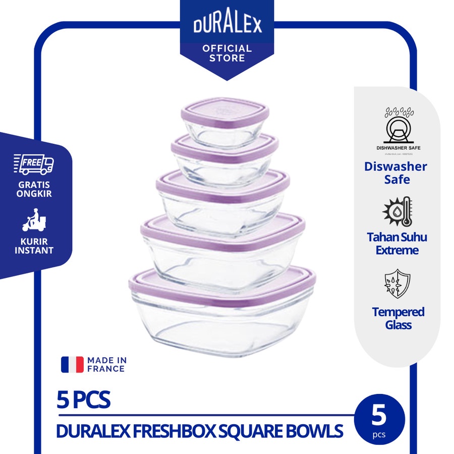 Jual Duralex Clear Freshbox Square Bowl with Purple Lid Set 5pcs ...