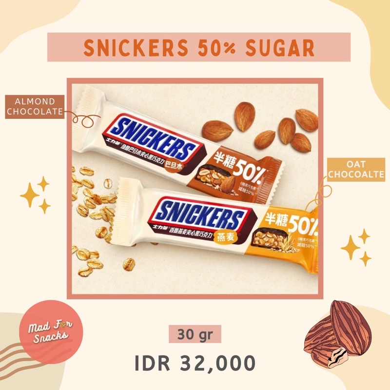 Jual Snickers 50% Sugar Chocolate Bar (Almond Choco/ Oat Choco ...