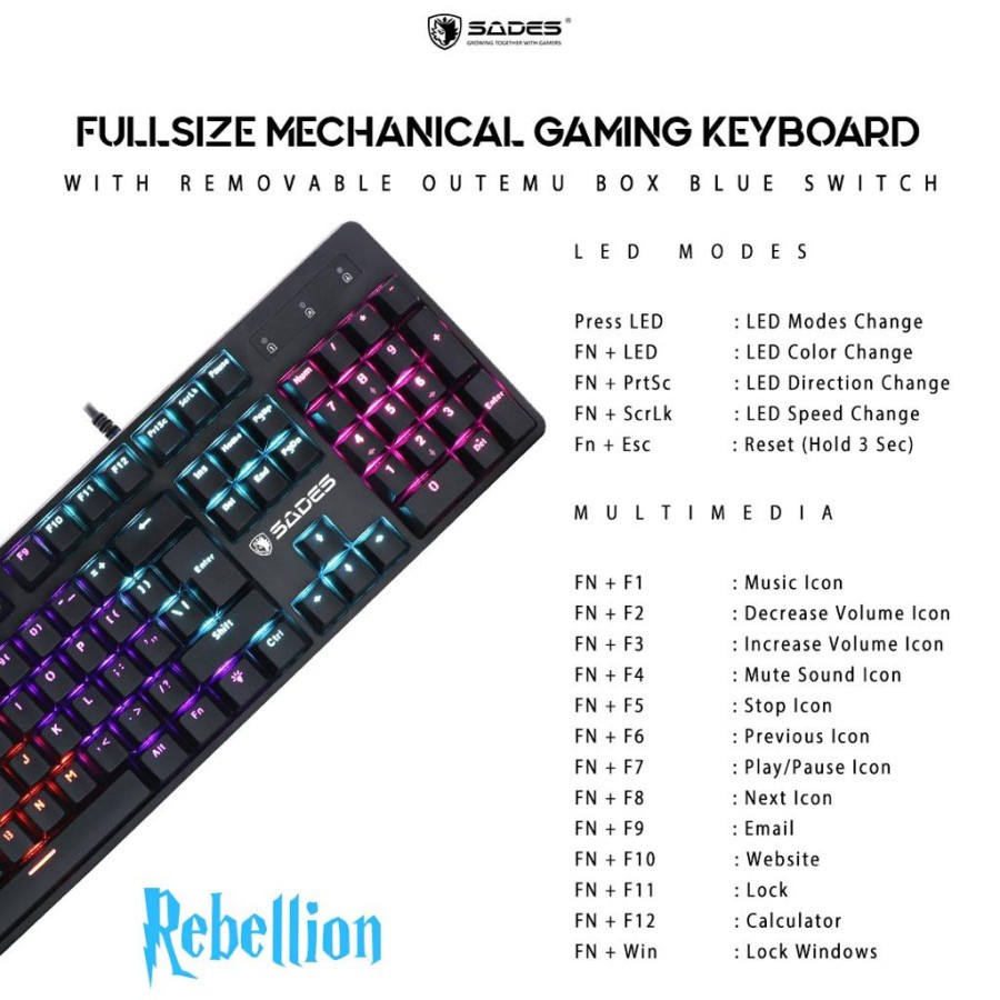 Jual Keyboard Gaming Mechanical Sades Rebellion / Outemu Removable ...
