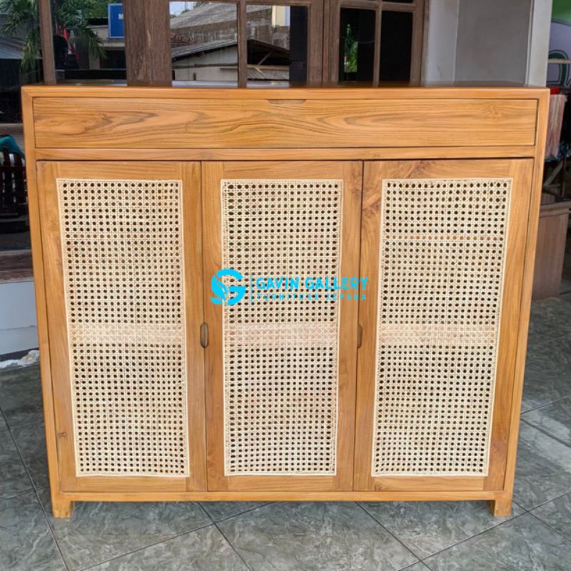 Jual Rak Sepatu Kayu Jati Minimalis Kombinasi Rotan Lemari Sepatu Murah ...