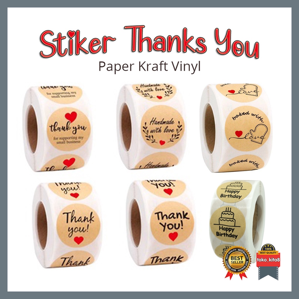 Jual ( COD ) ROLL Stiker Thank you bahan kertas kraft Isi 500 Pcs / 100 ...