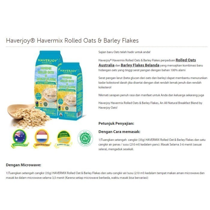 Jual Haverjoy Oatmeal 500 gr Australian Oat Havermout Instan Rolled ...