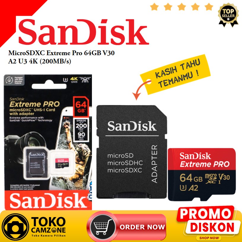 Jual Sandisk MicroSDXC Extreme Pro 64GB V30 A2 U3 4K (200MB/s) - SDSQXCU-064G | Shopee Indonesia