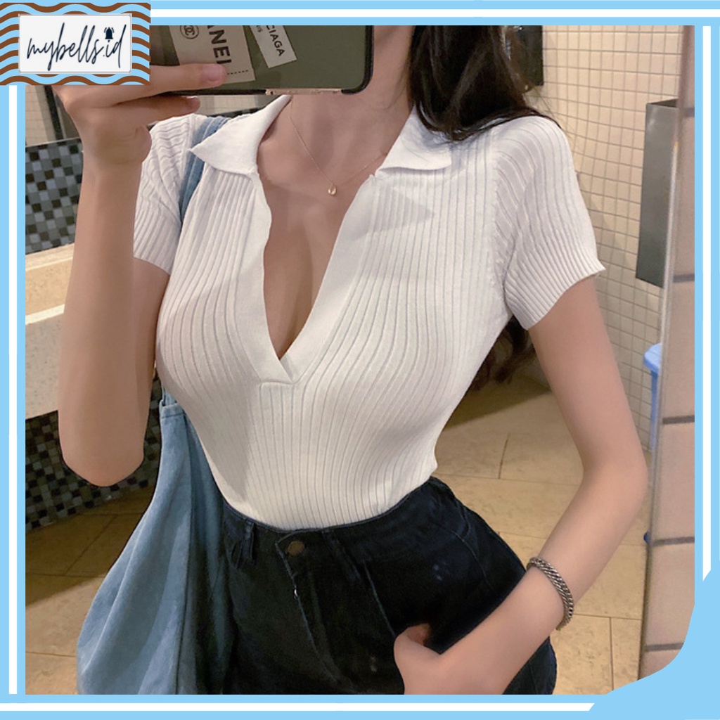 Jual MB BJ367 Baju Wanita rajut Kerah V Kaos Crop Top Baju Atasan Wanita Sexy Korean Fashion ...